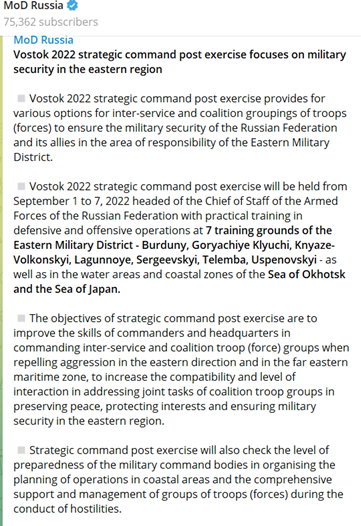 Rob Lee on Twitter: "Russia's annual strategic command-staff exercise Vostok 2022 will go from ...