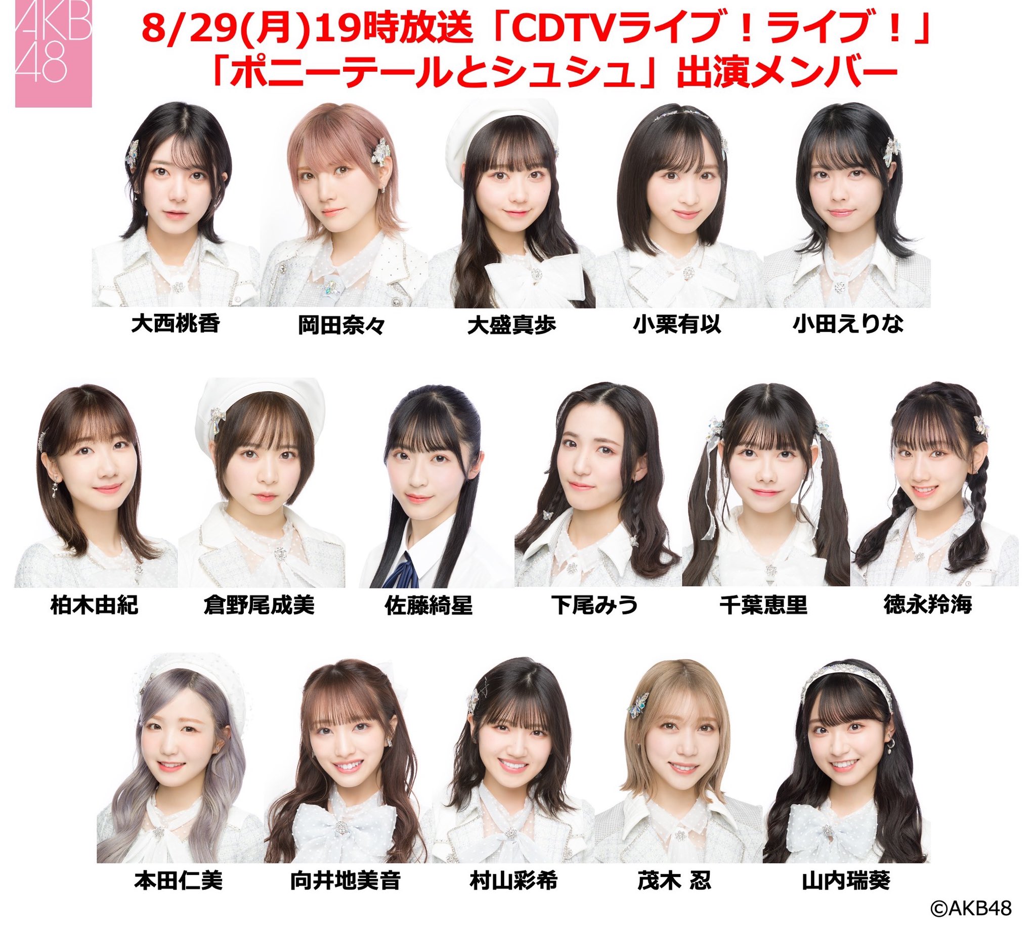 AKB48公式 on Twitter: "【訂正】19時台に披露する「#ポニーテールとシュシュ」の出演メンバーはコチラの16名でした〜😓🙏💦 れみたん😍💗 @48_RemiTokunaga ...