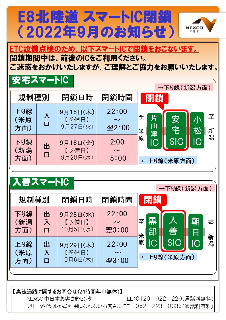 NEXCO中日本 金沢支社 on Twitter: "【北陸道スマートIC閉鎖のお知らせ（9月）】 2022年9月に #北陸道 のスマートIC 2箇所において、ETC設備点検のためIC閉鎖を ...
