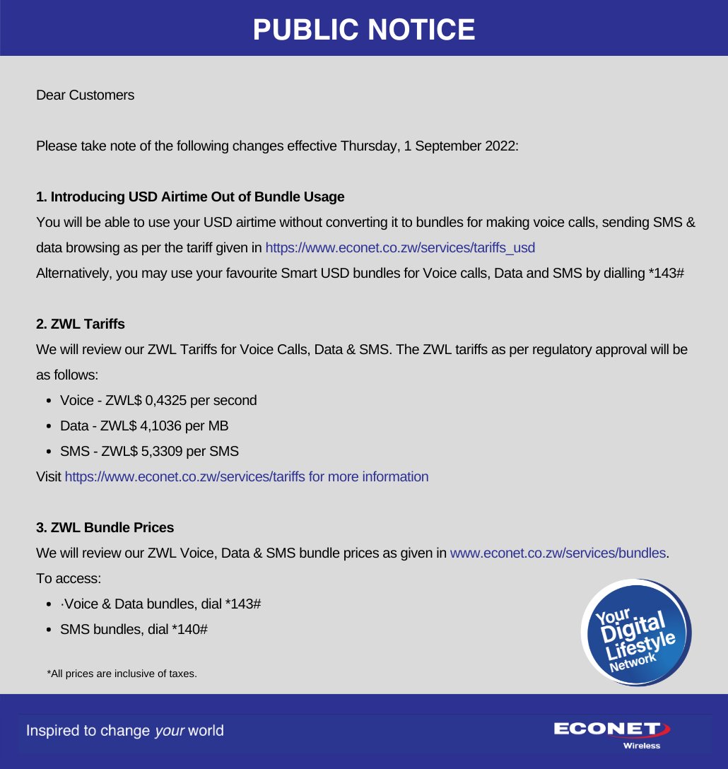 Econet Wireless On Twitter Dear Valued Customers Please Note That We