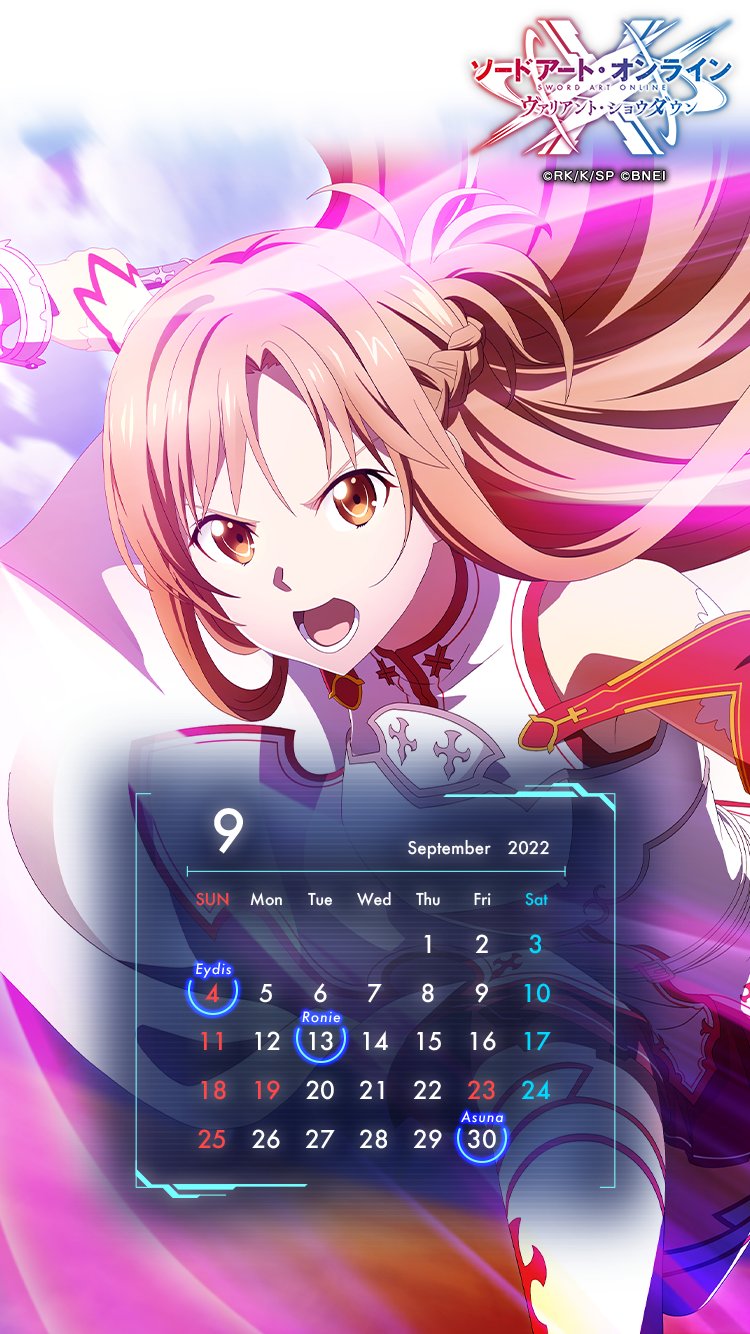 【公式】SAO ヴァリアント・ショウダウン（SAOVS）事前登録受付中！ on Twitter: "📅9月カレンダー配布📅 月替わりでカレンダーを配布中 9月は #アスナ が登場！ ぜひ ...