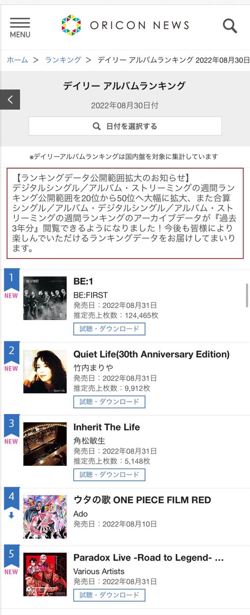 角松敏生 情報局 on Twitter: "オリコンデイリー アルバムランキング 2022年08月30日付 | ORICON NEWS https://oricon.co.jp/rank/ja ...