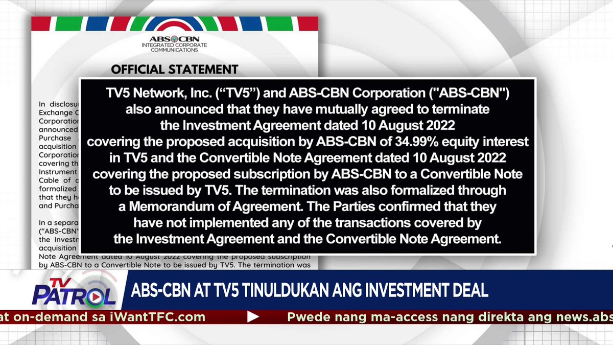 ABS-CBN News on Twitter: "RT @TVPatrol: Hindi na itutuloy ng ABS-CBN at TV5 ang kanilang ...