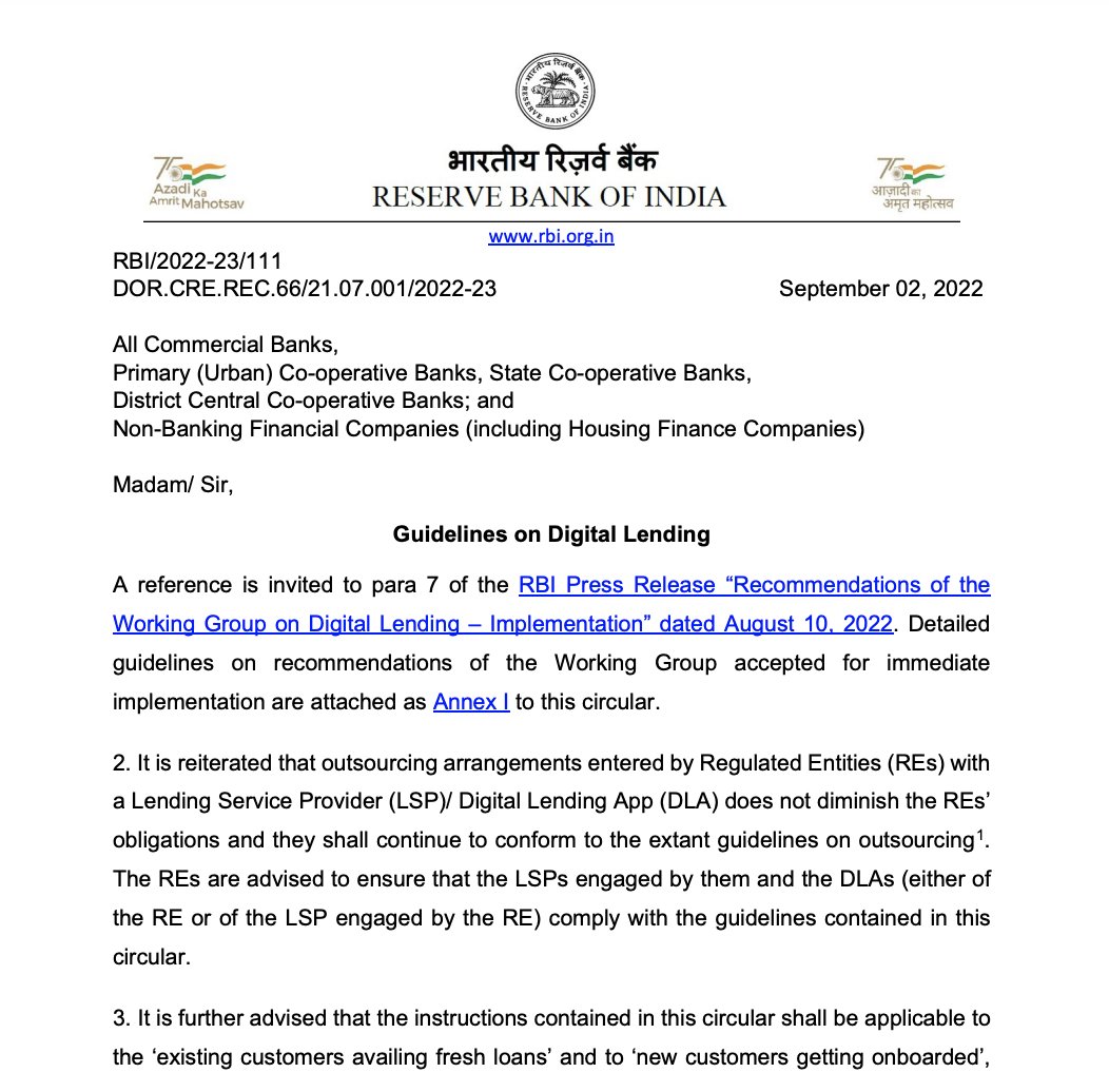 Today, RBI issued detailed guidelines for Digital Lending. All Banks ...