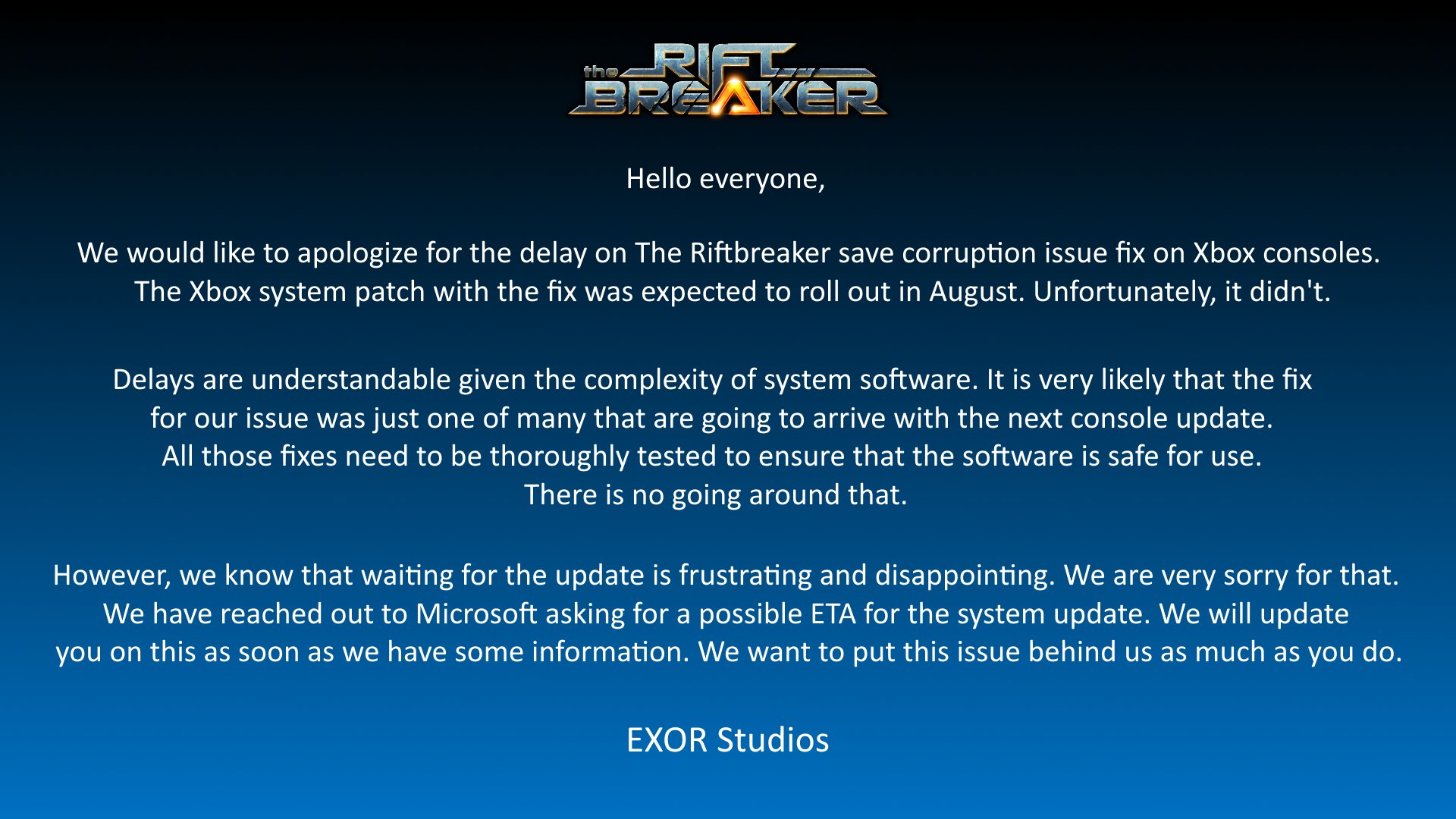 EXOR Studios on Twitter: "An update regarding the Xbox save corruption issue in The #Riftbreaker ...