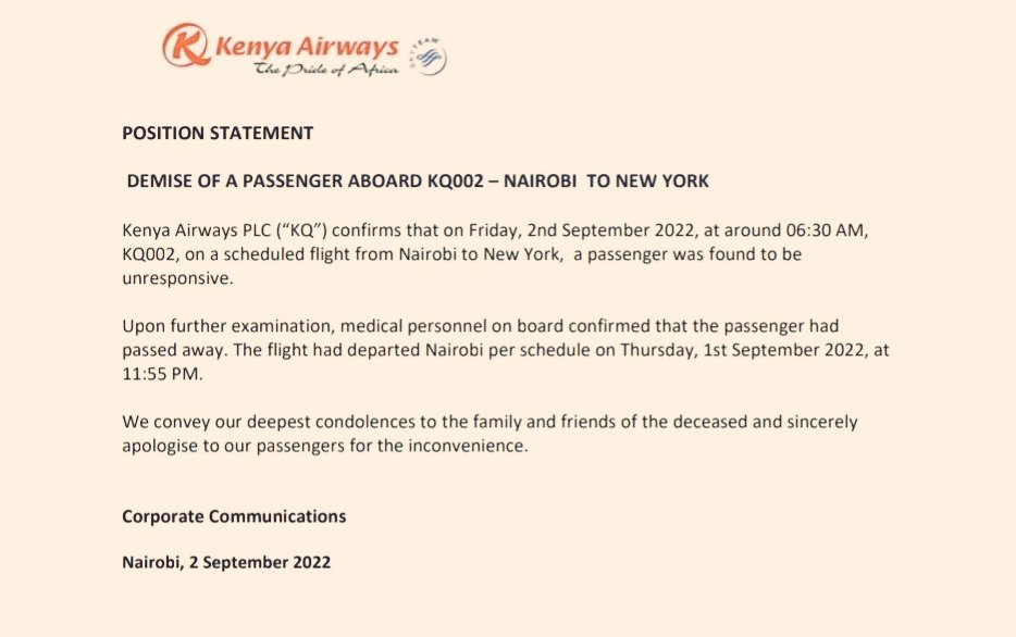 Mwango Capital on Twitter: "Kenya Airways confirms the death of a passenger aboard their flight ...