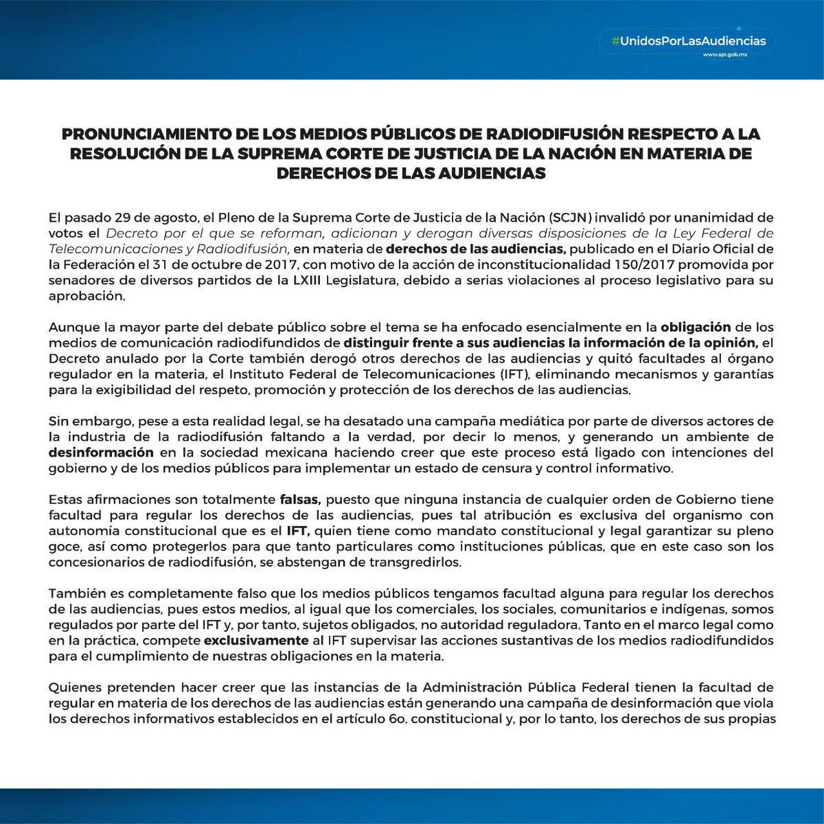 SPR México on Twitter: "#Comunicado Pronunciamiento de los #MediosPúblicos respecto a la ...