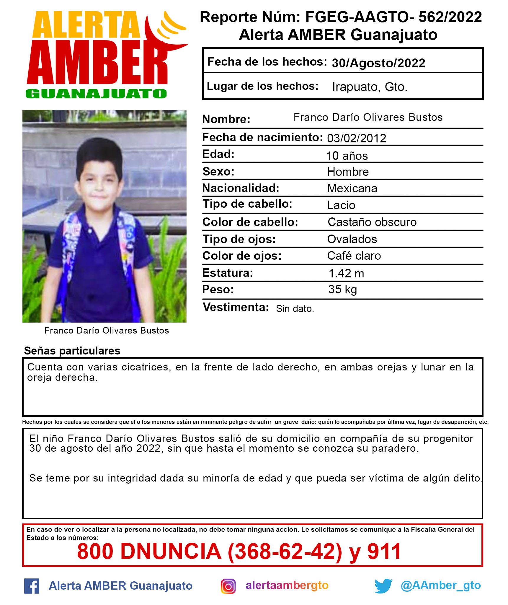 Alerta AMBER GTO. on Twitter: "Activación de la Alerta AMBER Guanajuato del niño Franco Darío ...