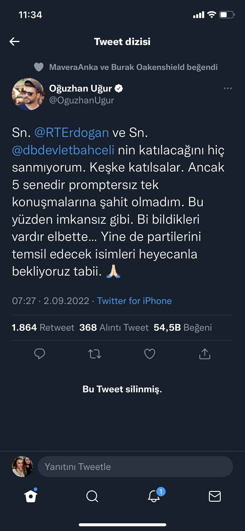İpek Övgü Ulusoy on Twitter: "@OguzhanUgur Niye Sildiniz efendim https://t.co/cukV1zUcPu" / Twitter