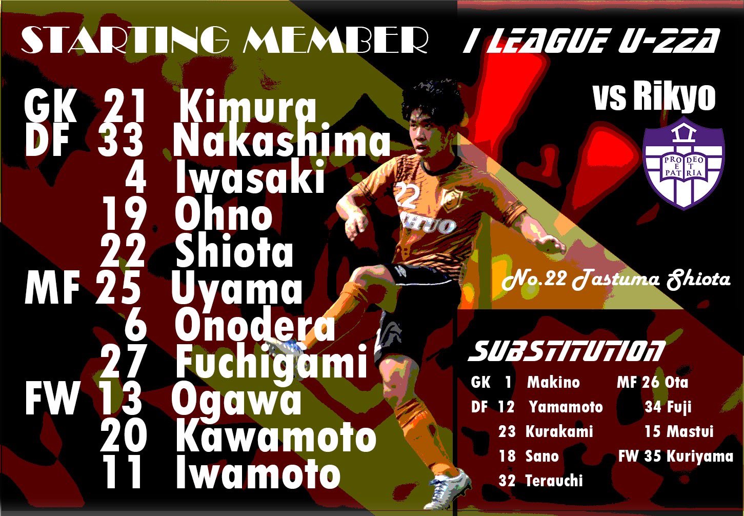 中央大学学友会サッカー部 on Twitter: "⚽️GOAL⚽️ 前半4分 11 #岩本連波 🏆 Iリーグ 第11節【U22A】 #中央大学 1-0 立教大学U22A 小川のシュートの ...