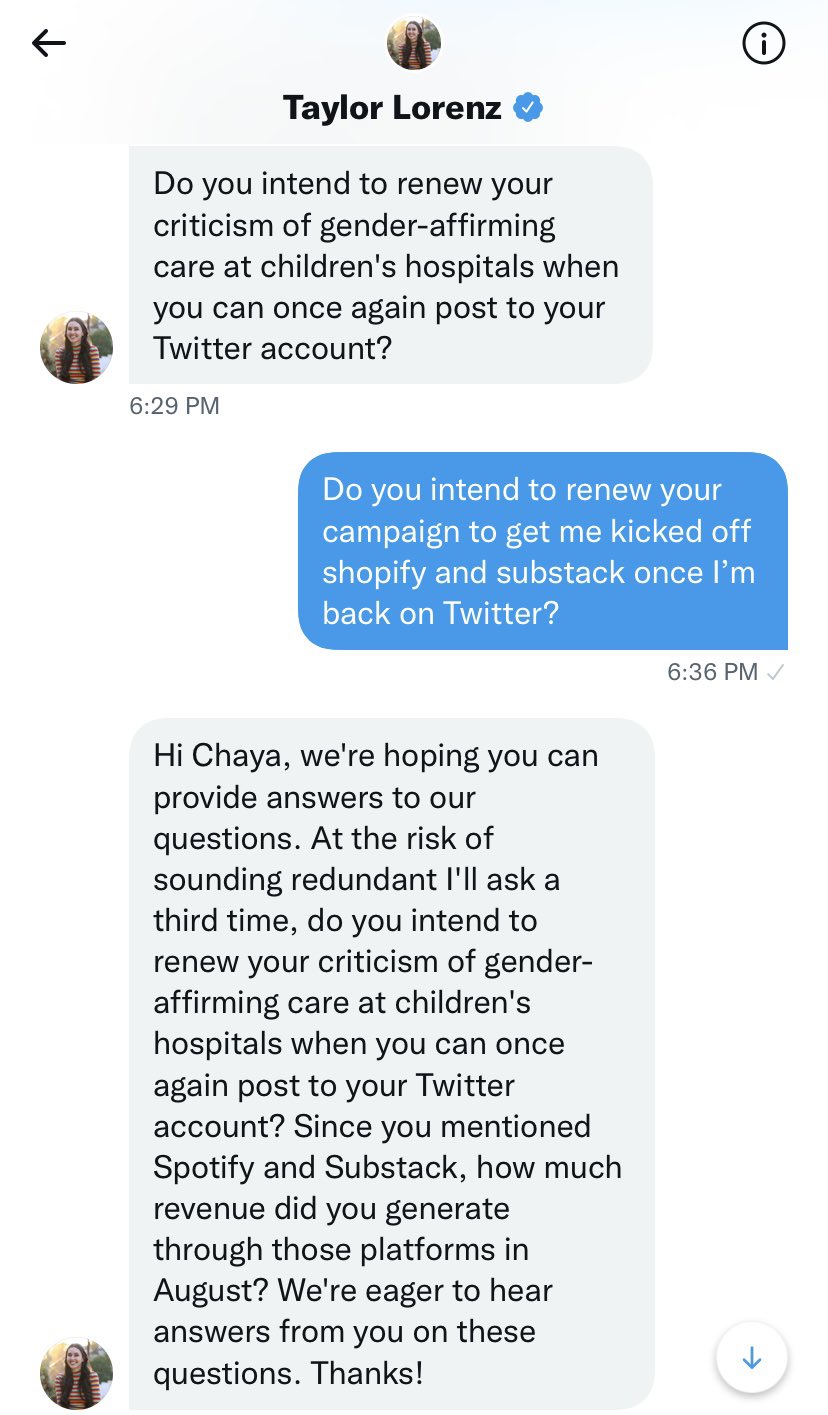 Libs of TikTok on Twitter: "Taylor is campaigning Substack & Shopify to ban me. She also failed ...