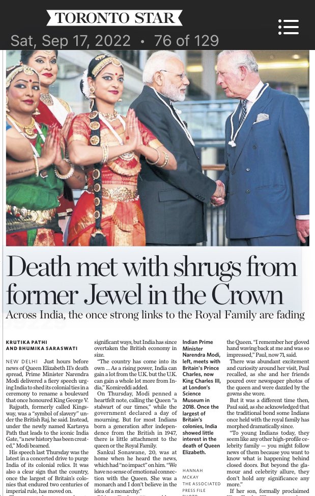 Tarek Fatah on Twitter: "Queen Elizabeth's death met with shrugs in India, the for­mer "Jewel in ...
