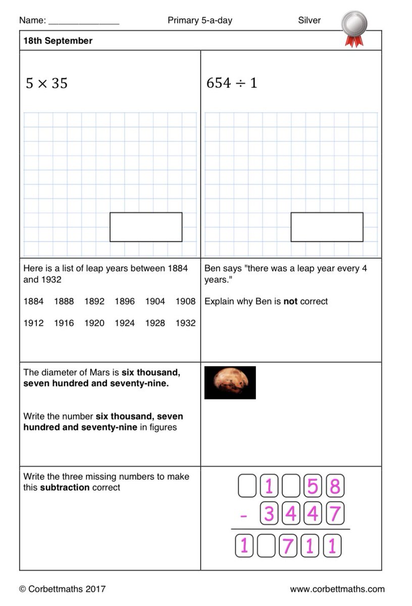 Corbettmaths on Twitter: "Primary 5-a-day with 4 levels of difficulty: bronze, silver, gold and ...