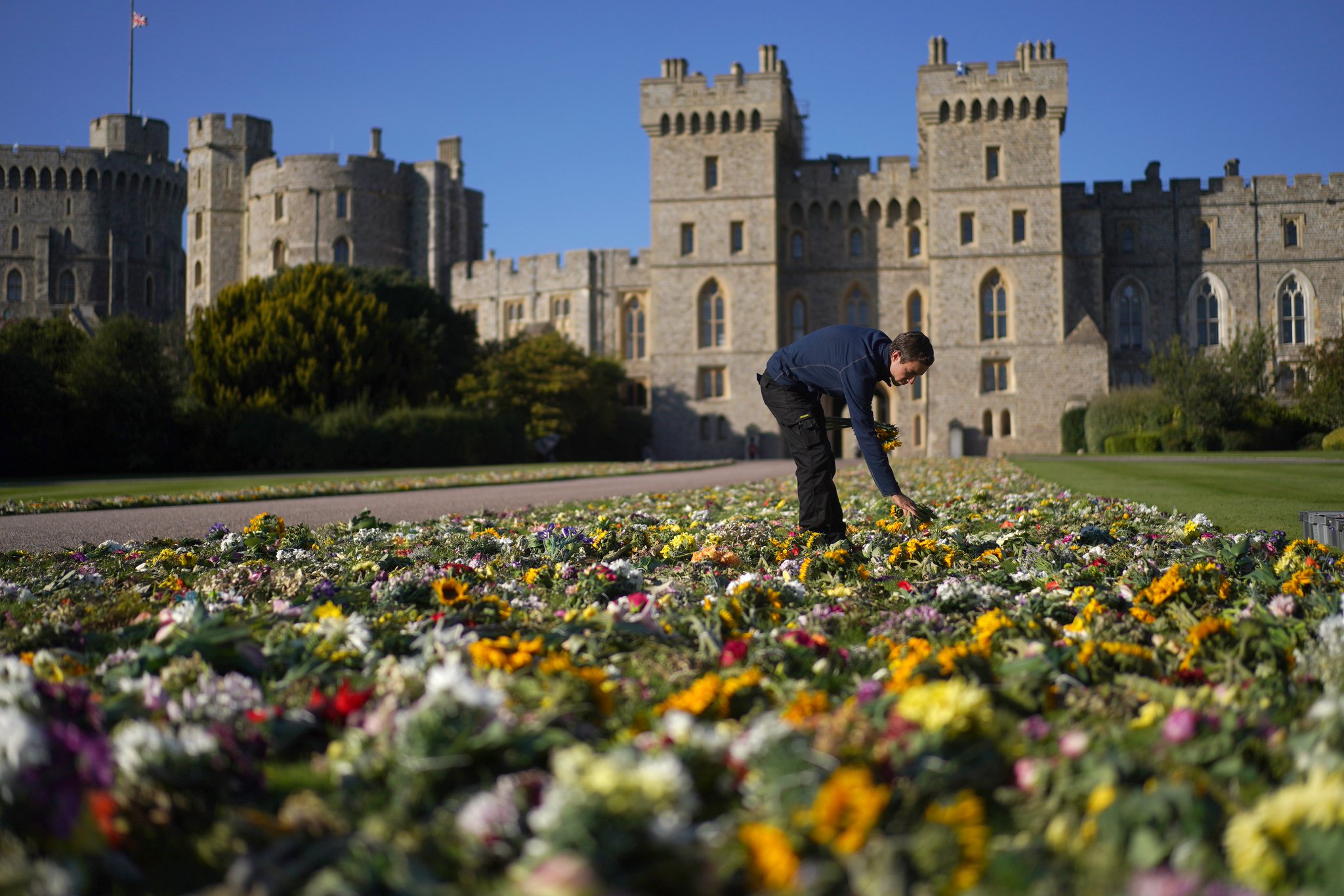 The Royal Family on X Thousands of flowers have been laid on Cambridge Drive at Windsor Castle ahead of tomorrow where Her Majesty The Queen s coffin will make its final journey to