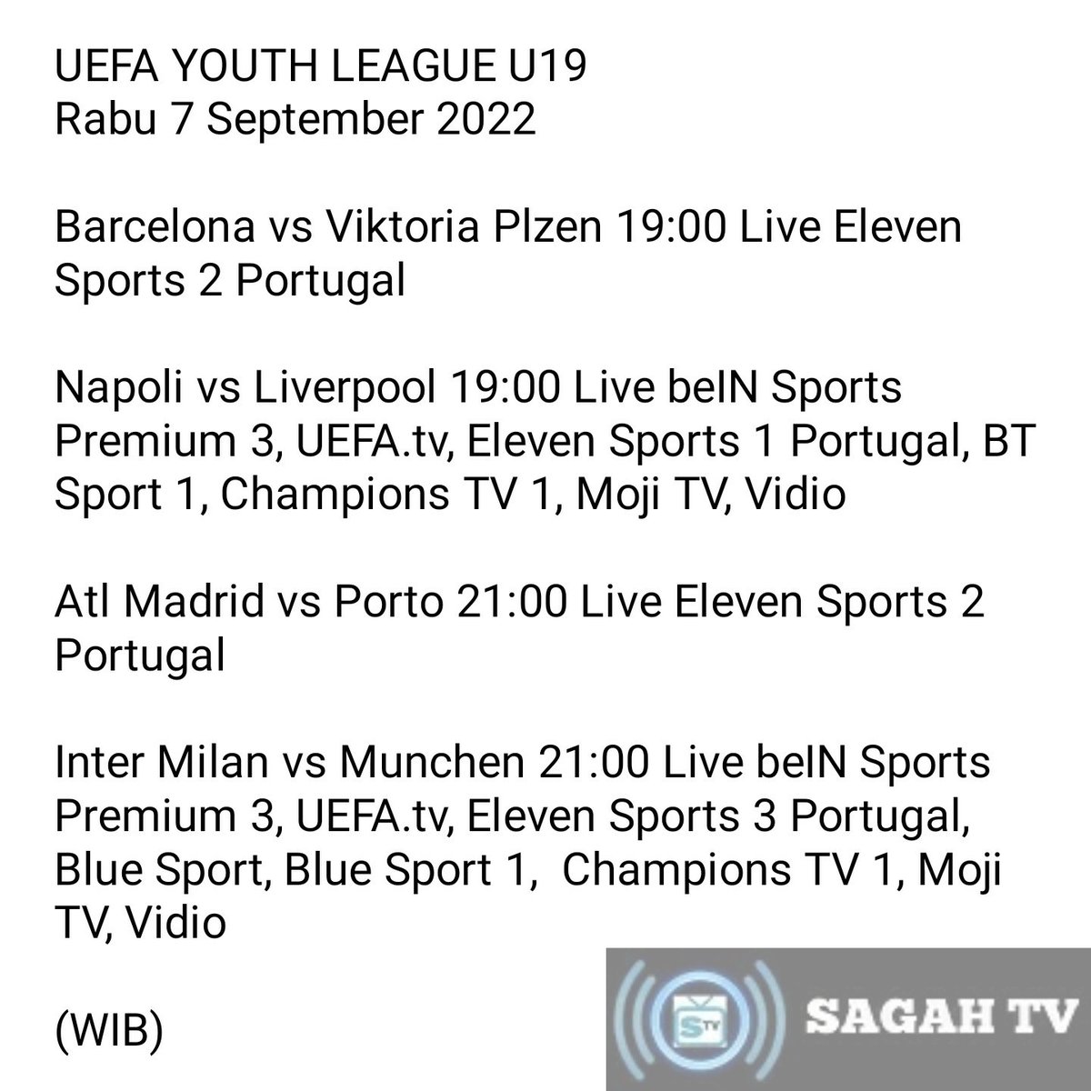 sagahtvlive on Twitter: "RT @sagahtvlive: #Jadwal Siaran Langsung UEFA Youth League U19, UEFA ...