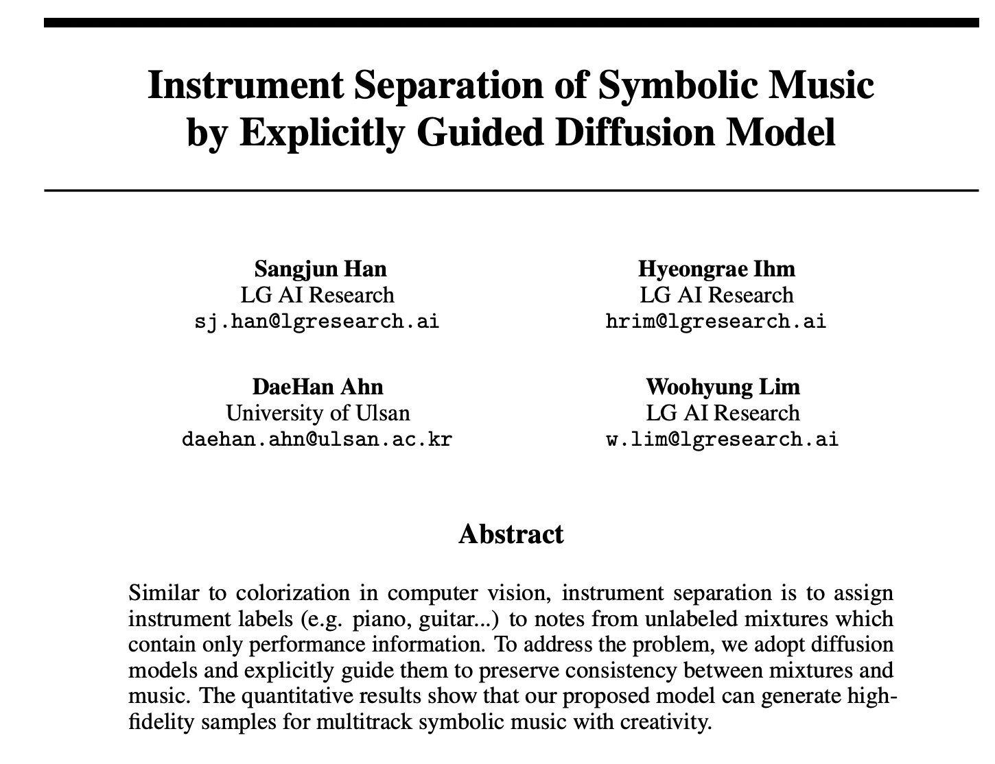 AK on Twitter: "Instrument Separation of Symbolic Music by Explicitly Guided Diffusion Model abs ...