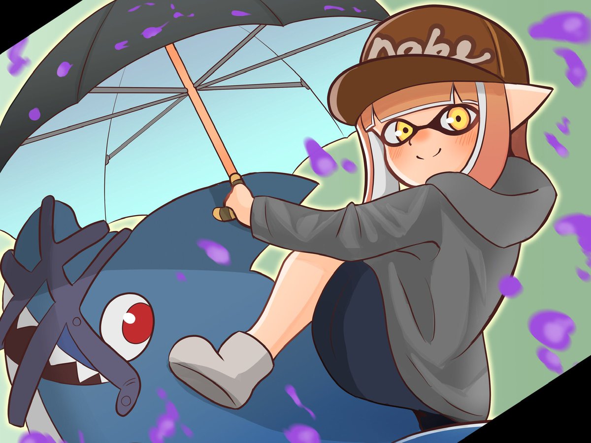 inkling ,inkling girl 1girl smile tentacle hair umbrella hat hood ...