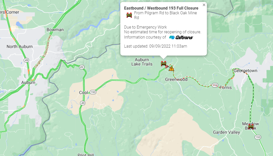 Caltrans District 3 on Twitter: "SR-193 has been closed from 5.7 miles east of the Placer/El ...