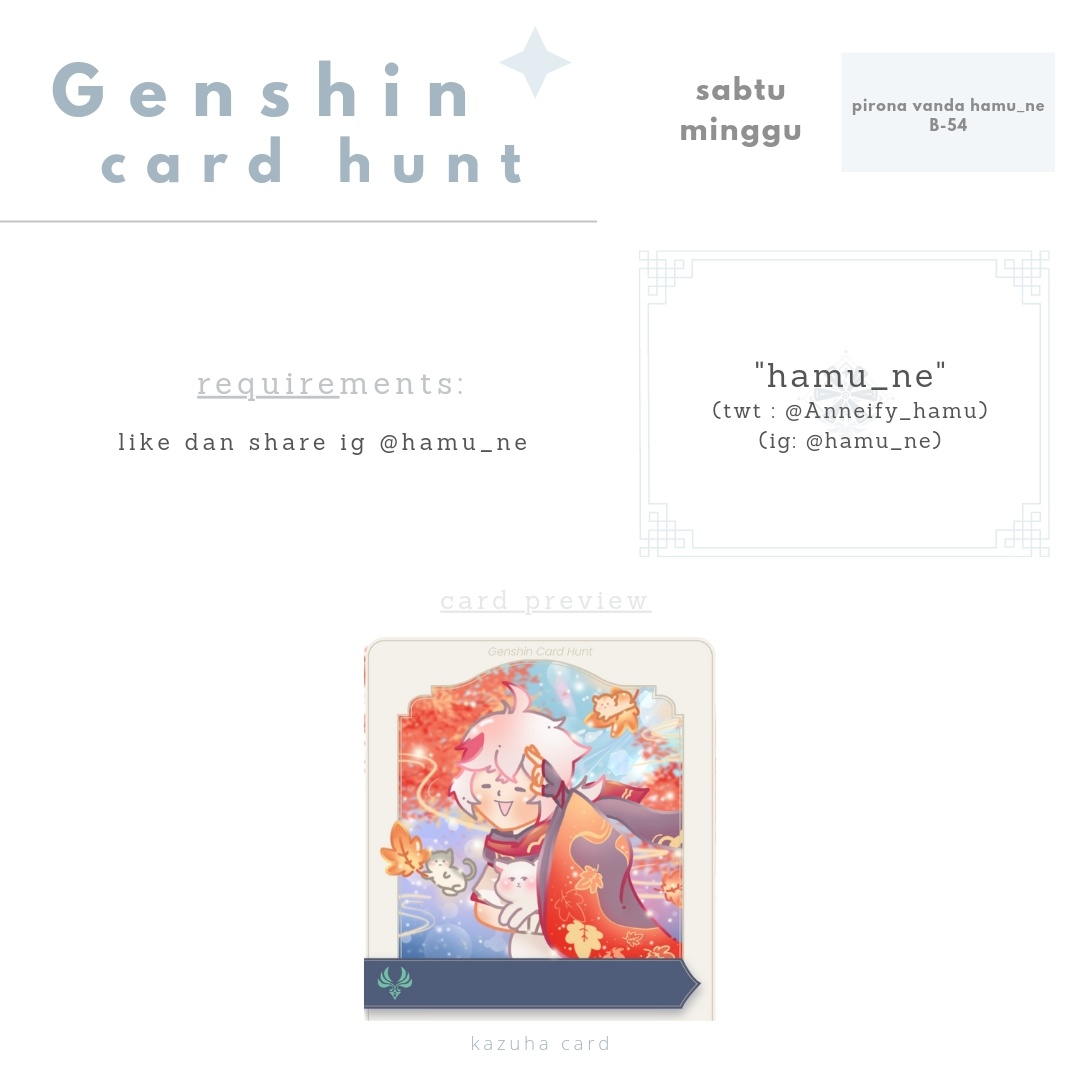 Genshin Card Hunt🇮🇩 on Twitter: "🌟CARD PREVIEW🌟 💕Kazuha by @Anneify_hamu 💕Available: Sabtu ...
