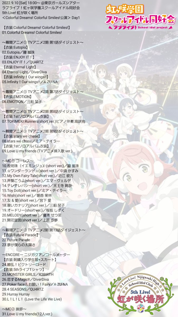 【セトリ】虹ヶ咲 5th Live! 虹が咲く場所 CDCS公演 DAY1のセットリスト！アニメ再現＆アンコール曲大量で大満足！！【ラブライブ！】｜漫画アニメゲーム！ラブライブ！まとめちゃんねる！！