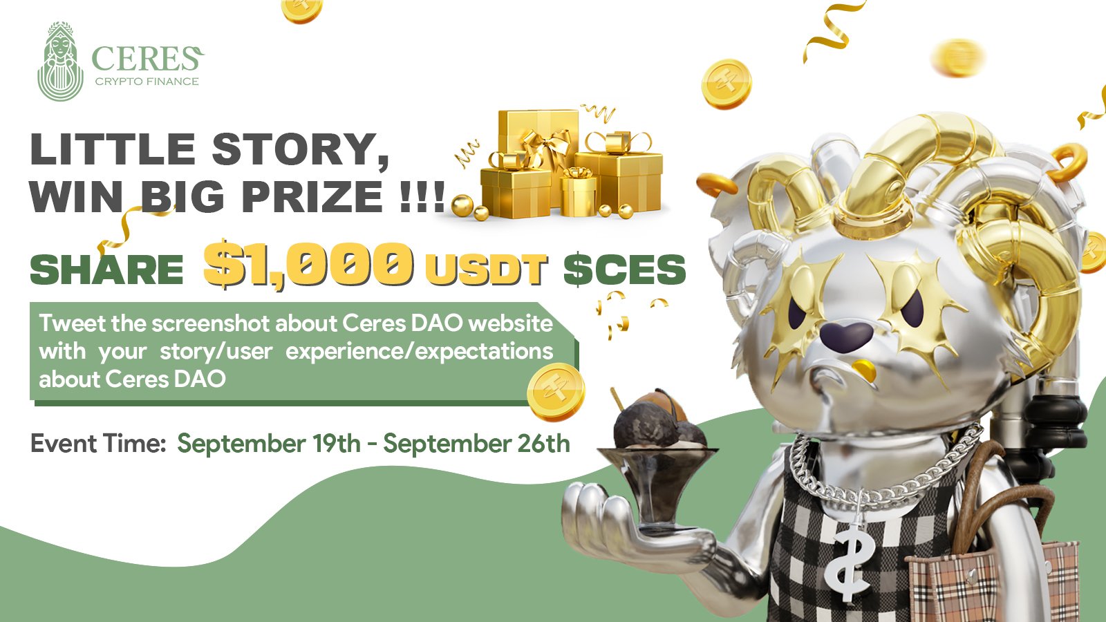 Ceres DAO on Twitter: "🤖$1,000 $CES ⏰Sept. 19 - Sept. 26 📌To enter: 💚Tweet the screenshot about ...