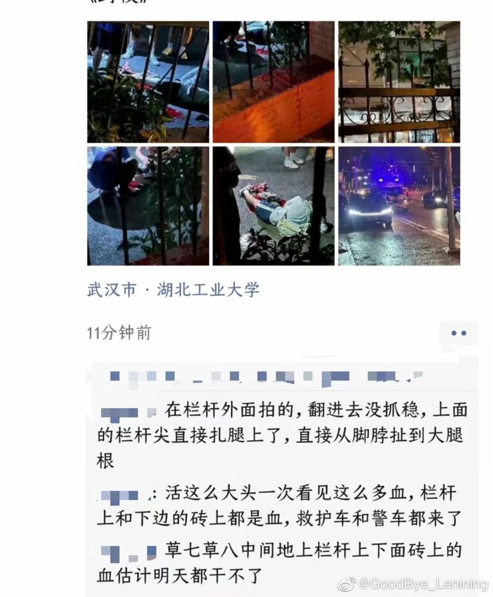 骄傲女孩 On Twitter 在栏杆外面拍的,翻进去没抓稳,上面的栏杆尖儿直接扎腿上了,直接从脚脖扯到大腿根儿 可怜的大学生