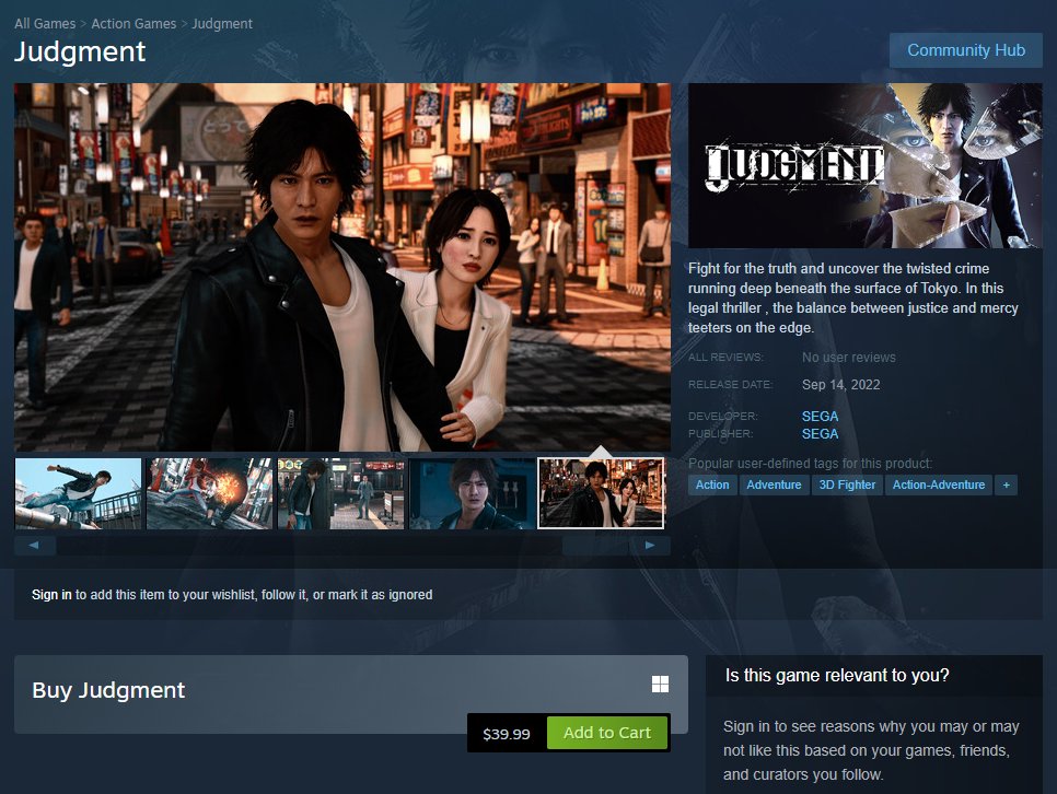 RPG Site on Twitter: "Update: Both Judgment and Lost Judgment are available NOW on Steam ...