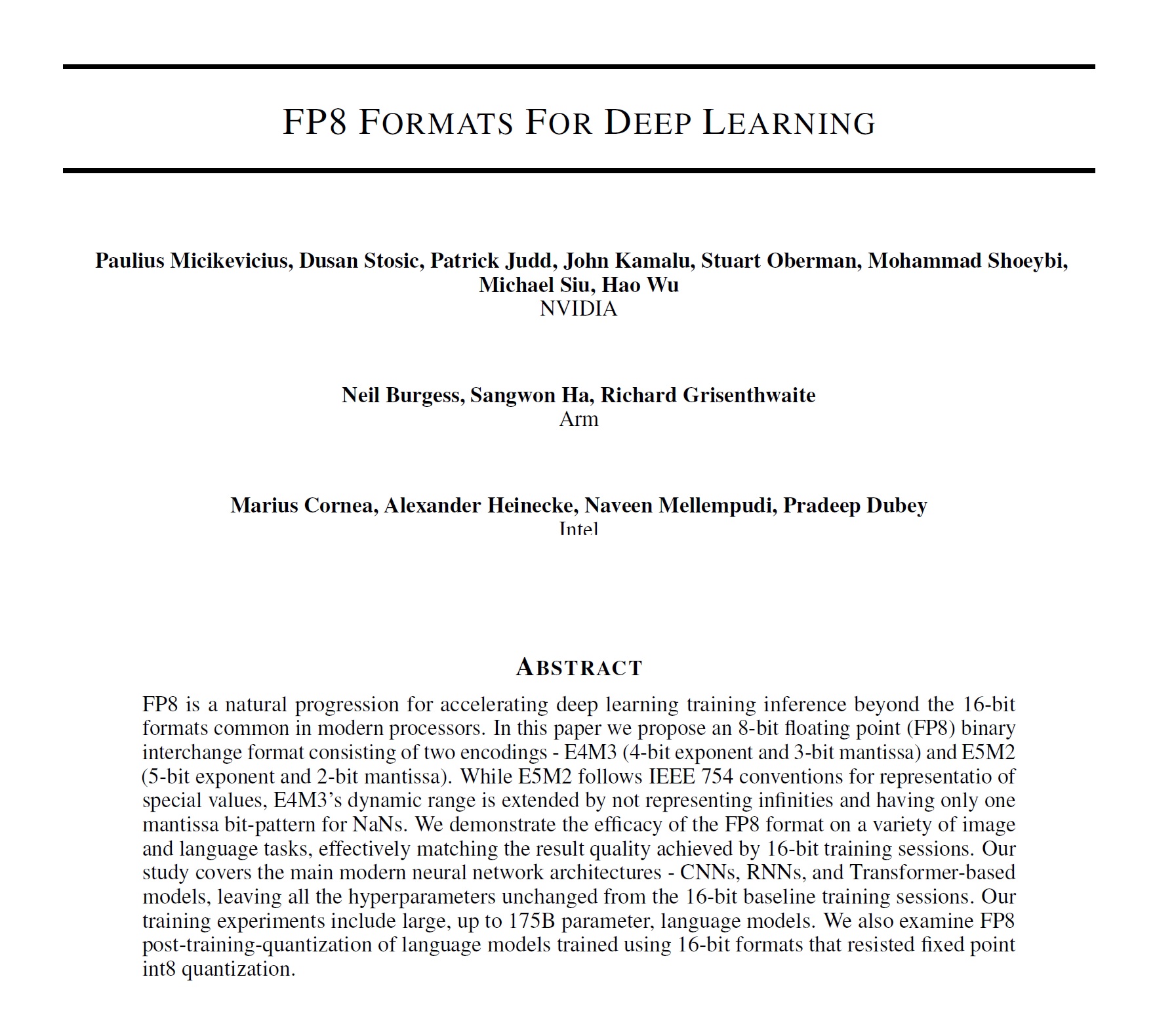 OGAWA, Tadashi on Twitter: "=> "FP8 Formats for Deep Learning", NVIDIA, Arm, Intel, arXiv, Sep ...