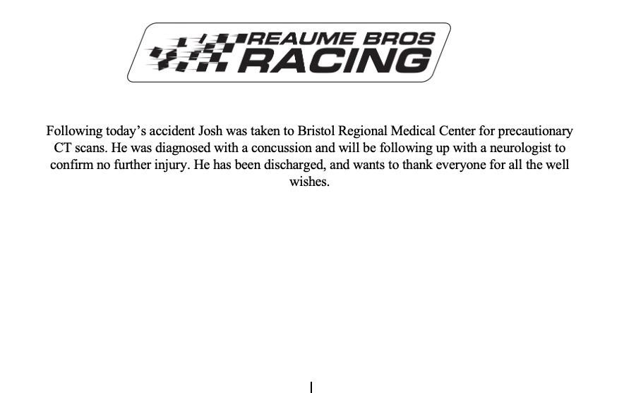 [Reaume Brothers Racing] Josh Reaume was diagnosed with concussion and ...