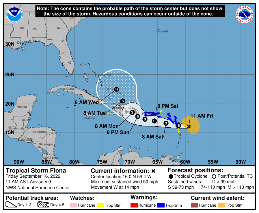 Mike's Weather Page on Twitter: "NHC 11am EST track update on Tropical Storm Fiona. Still 50mph ...