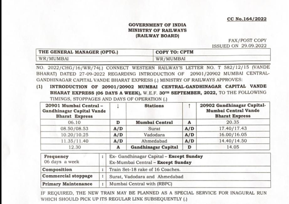 Vande Bharat Express: Time Table, Ticket Price for Gandhinagar Mumbai Route | DeshGujarat