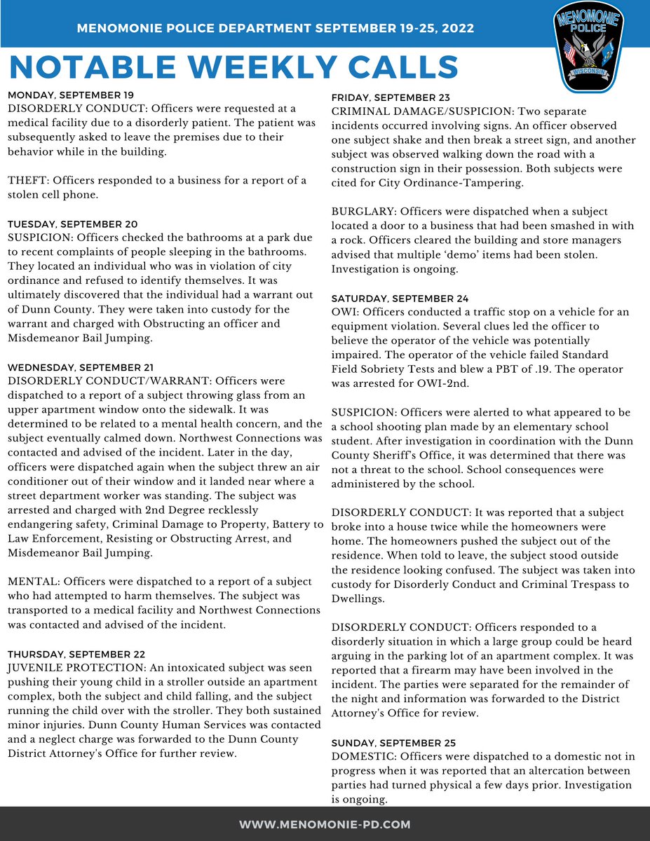 Menomonie PD on Twitter: "Menomonie Police Department Weekly Notable Calls, September 19-25, 2022"