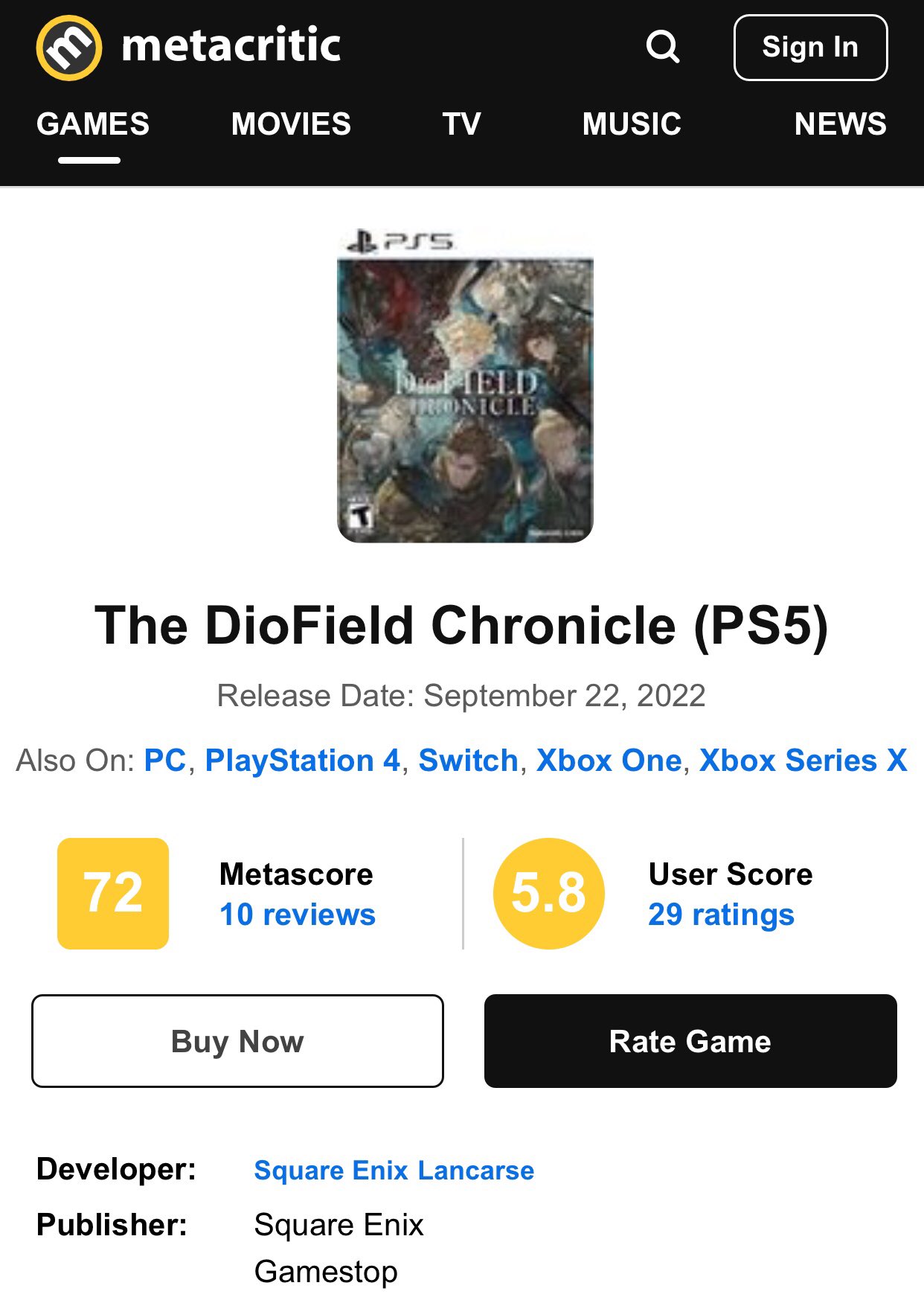 Genki on Twitter: "There are only 10 Metacritic reviews for DioField Chronicle which I can ...