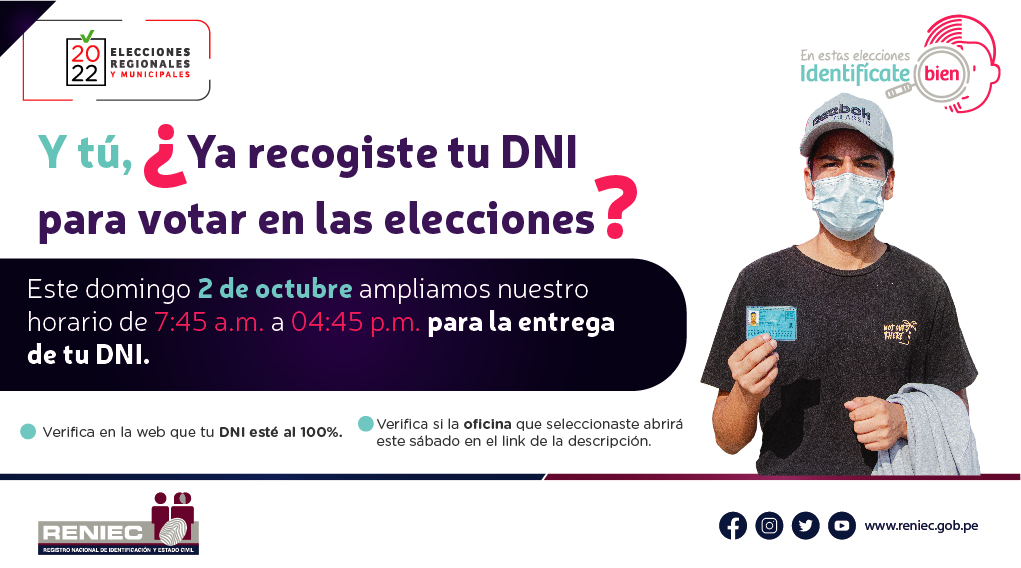 RENIEC PERÚ on Twitter: "🙋 Recoge tu DNI hasta las 4:45 p. m.: ️ Verifica si tu documento está ...