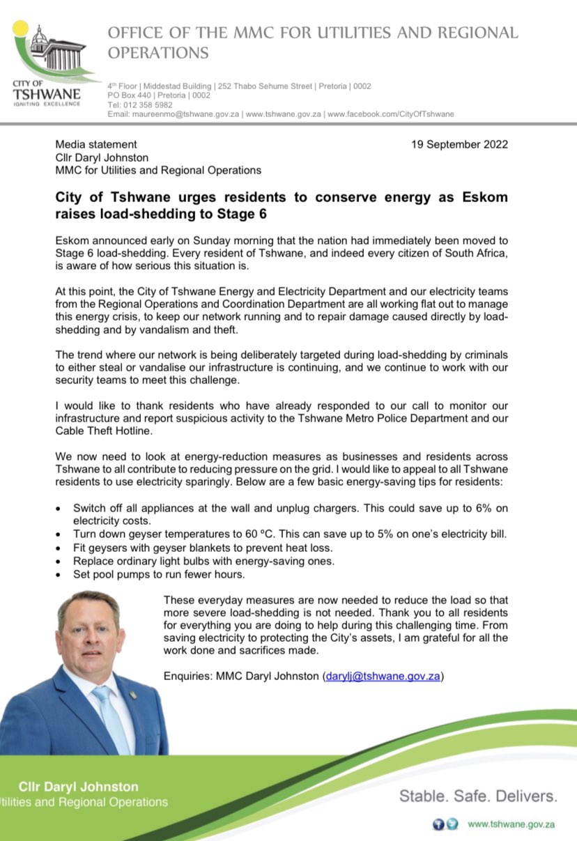 Mayor Randall Williams on Twitter: "[MEDIA STATEMENT] City of Tshwane urges residents to ...