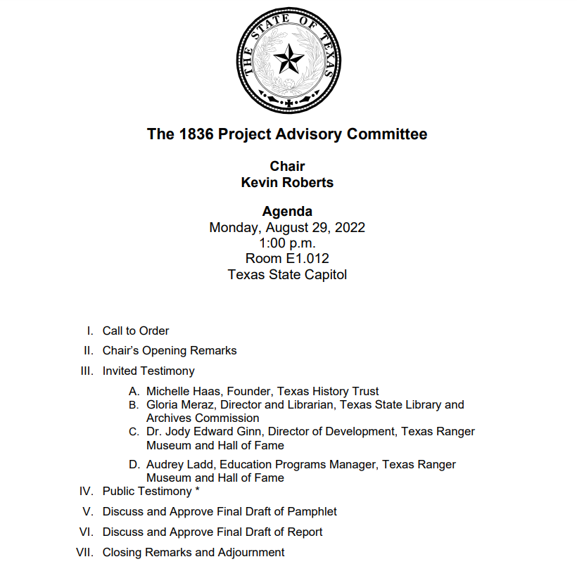 Last month @GovAbbott's "1836 Project" committee, created "to promote ...