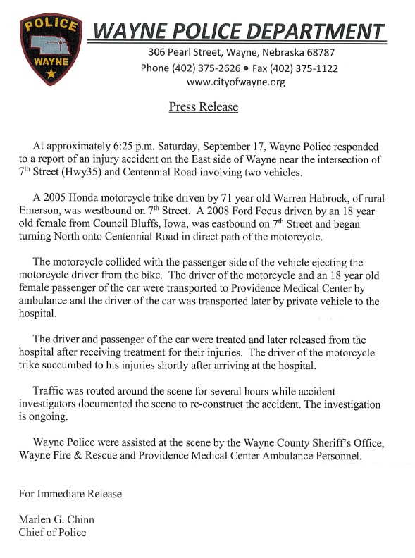 Wayne Police Dept, Nebraska on Twitter: "Press Release from Chief of Police Marlen Chinn ...