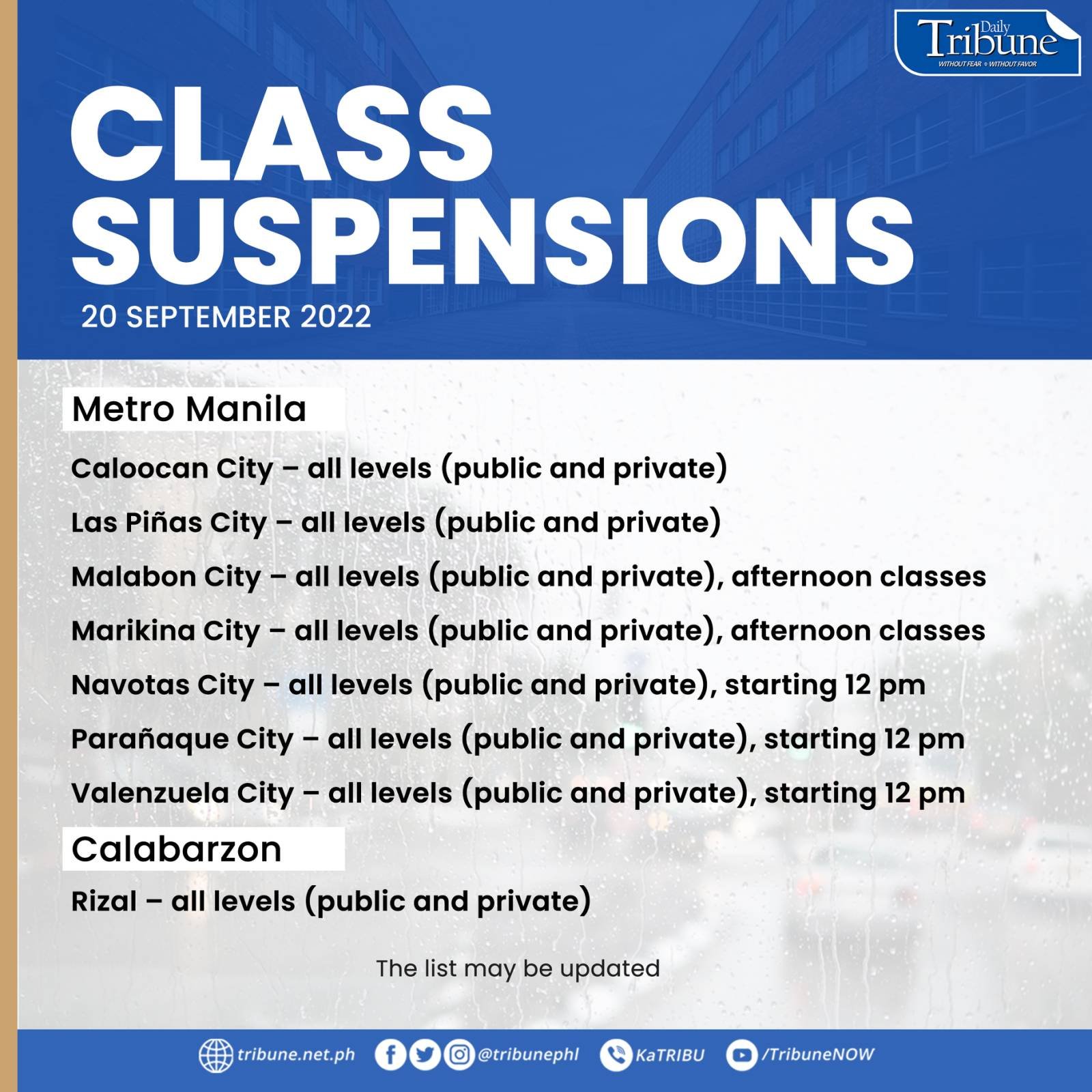 Daily Tribune on Twitter: "WALANG PASOK Classes have been suspended in the following areas: Full ...