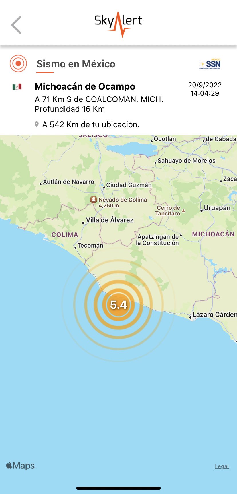 SkyAlert on Twitter: "Sismo magnitud 5.4 ubicado a 71 km al sur de Coalcomán, Michoacán ...