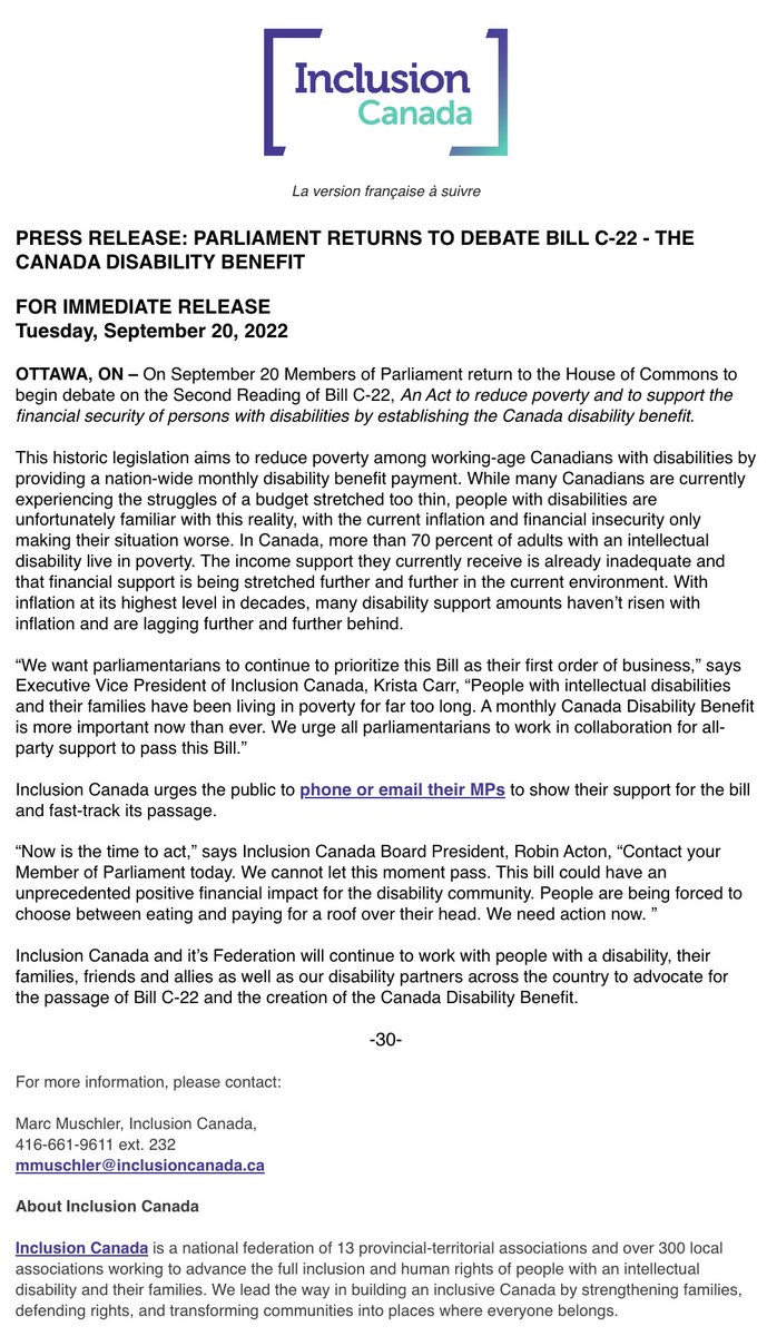 Inclusion Canada on Twitter: "PRESS RELEASE: PARLIAMENT RETURNS TO DEBATE BILL C-22 - THE CANADA ...