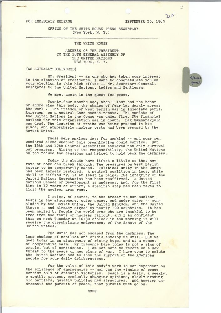 JFKonThisDay on Twitter: "September 20, 1963, 11:12 - 11:45 am Address ...