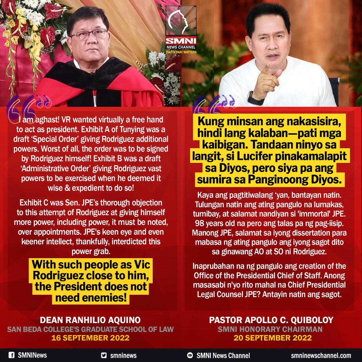 SMNI News on Twitter: "Kung minsan ang nakasisira sa Pangulo ay hindi lang kalaban — Pastor ...
