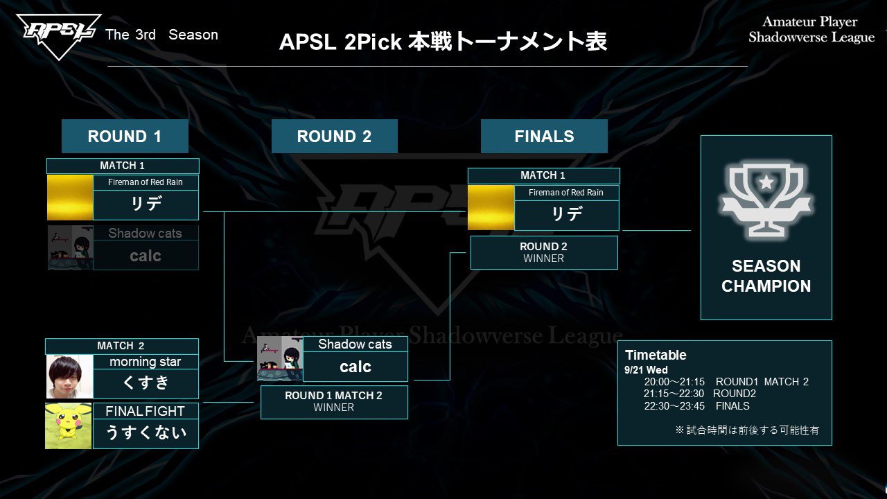 APSL運営 on Twitter: "2pickの本戦トーナメント開幕‼️ 20日は1試合行われ、リデ選手が白星を上げFINALSへ駒を進めました💥 21日は2pickのseason ...