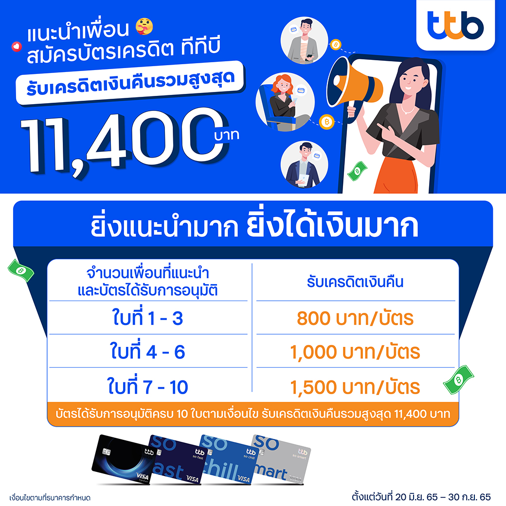 ttb bank on Twitter: "9 วันสุดท้าย รับเครดิตเงินคืนรวมสูงสุด 11,400 บาท เพียงแนะนำเพื่อนสมัคร ...
