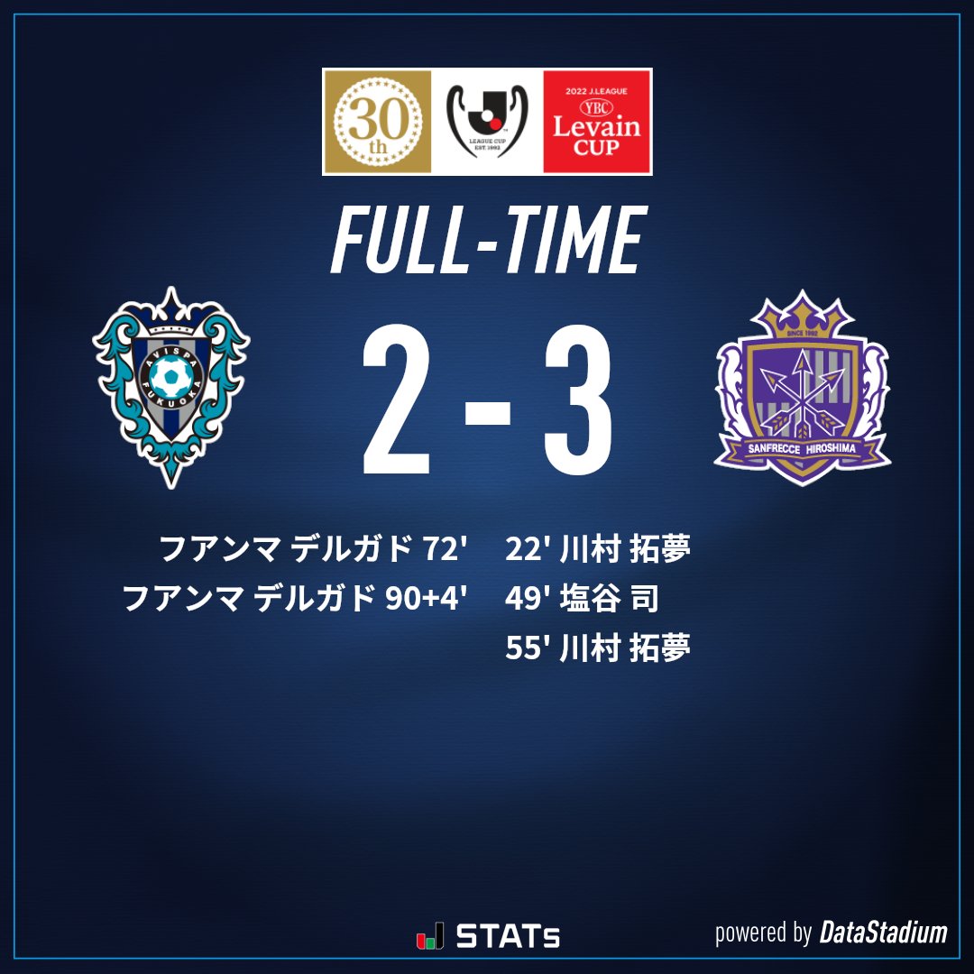 アビスパ福岡【公式】 on Twitter: "試合終了⚽ 🏆2022JリーグYBCルヴァンカッププライムステージ準決勝第1戦 #アビスパ福岡 2-3 #サンフレッチェ広島 #avispa # ...