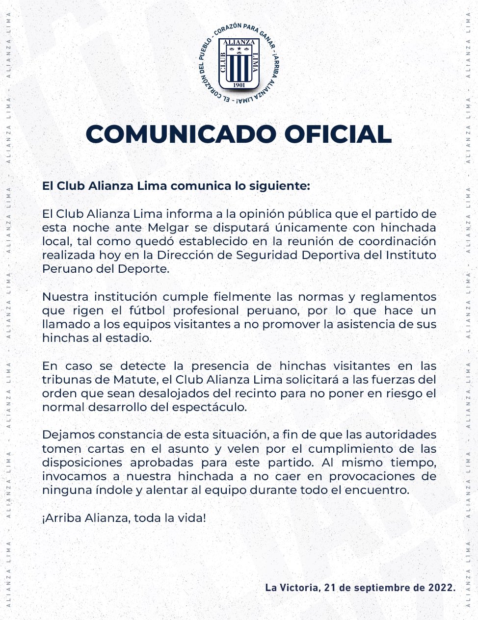 Club Alianza Lima on Twitter: "📄𝐂𝐨𝐦𝐮𝐧𝐢𝐜𝐚𝐝𝐨 𝐨𝐟𝐢𝐜𝐢𝐚𝐥. https://t.co/uBezgjw57e" / Twitter