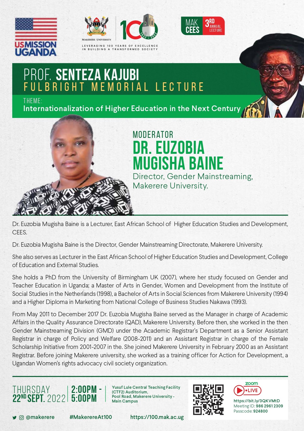 ChimpReports on Twitter: "𝗣𝗥𝗢𝗙. 𝗦𝗘𝗡𝗧𝗘𝗭𝗔 𝗞𝗔𝗝𝗨𝗕𝗜 FULL BRIGHT MEMORIAL LECTURE MODERATOR: Dr ...