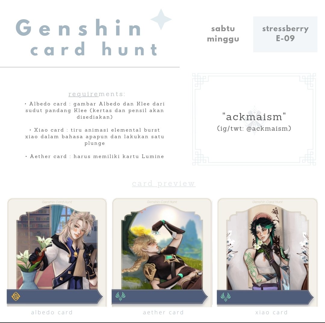 Genshin Card Hunt🇮🇩 on Twitter: "🌟CARD PREVIEW🌟 💕Albedo, Aether, & Xiao by @ackmaism 💕Available ...
