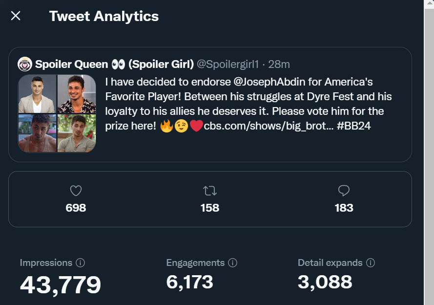 Spoiler Queen 👀 (Spoiler Girl) on Twitter: "#BB24 43K Impressions! #BB24 https://t.co/oagRr7gjaA ...