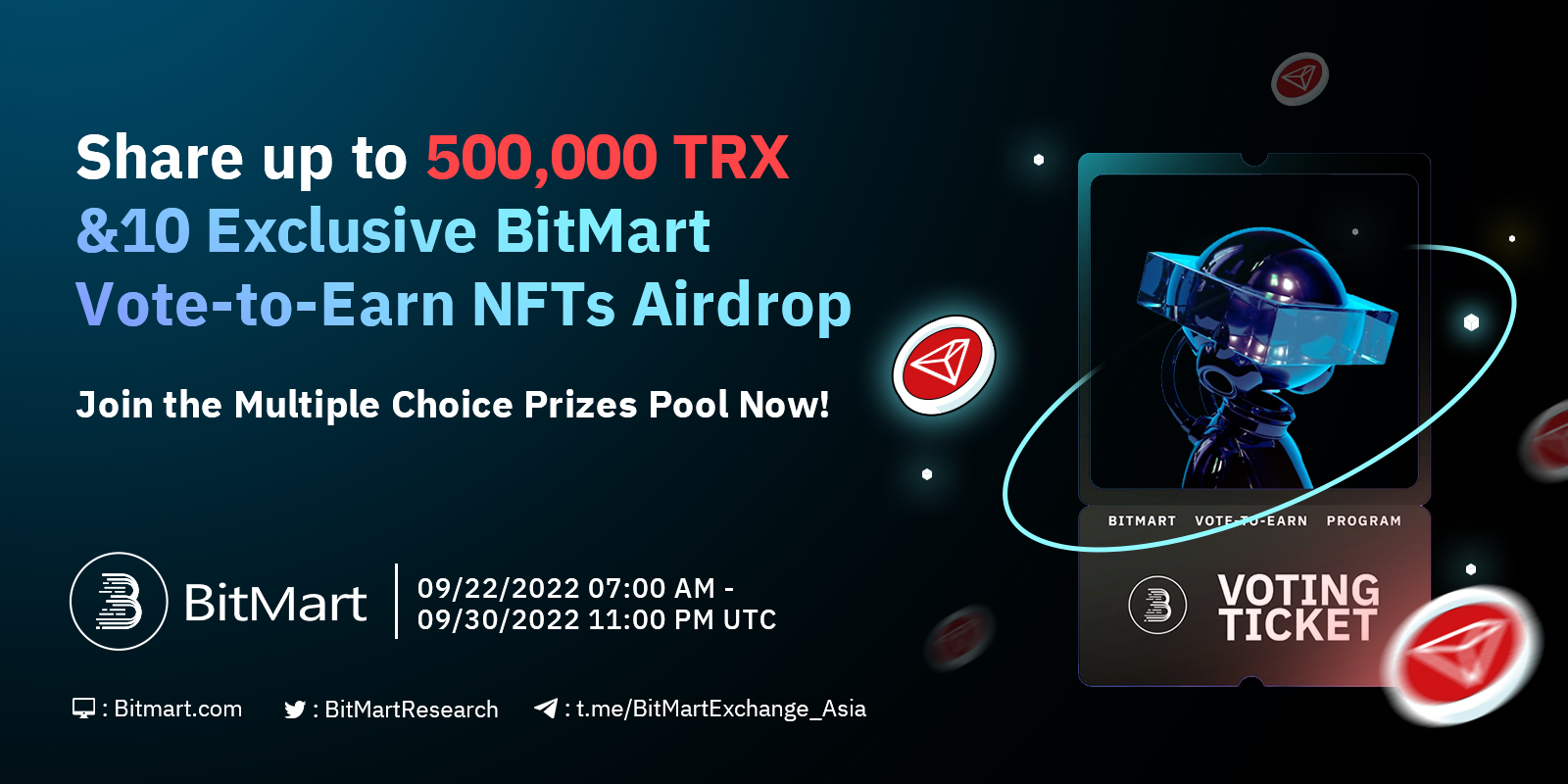 BitMart Research on Twitter: "🏆Share up to 500,000 TRX! 🏆10 Bitmart Exclusive NFTs Airdrop ...